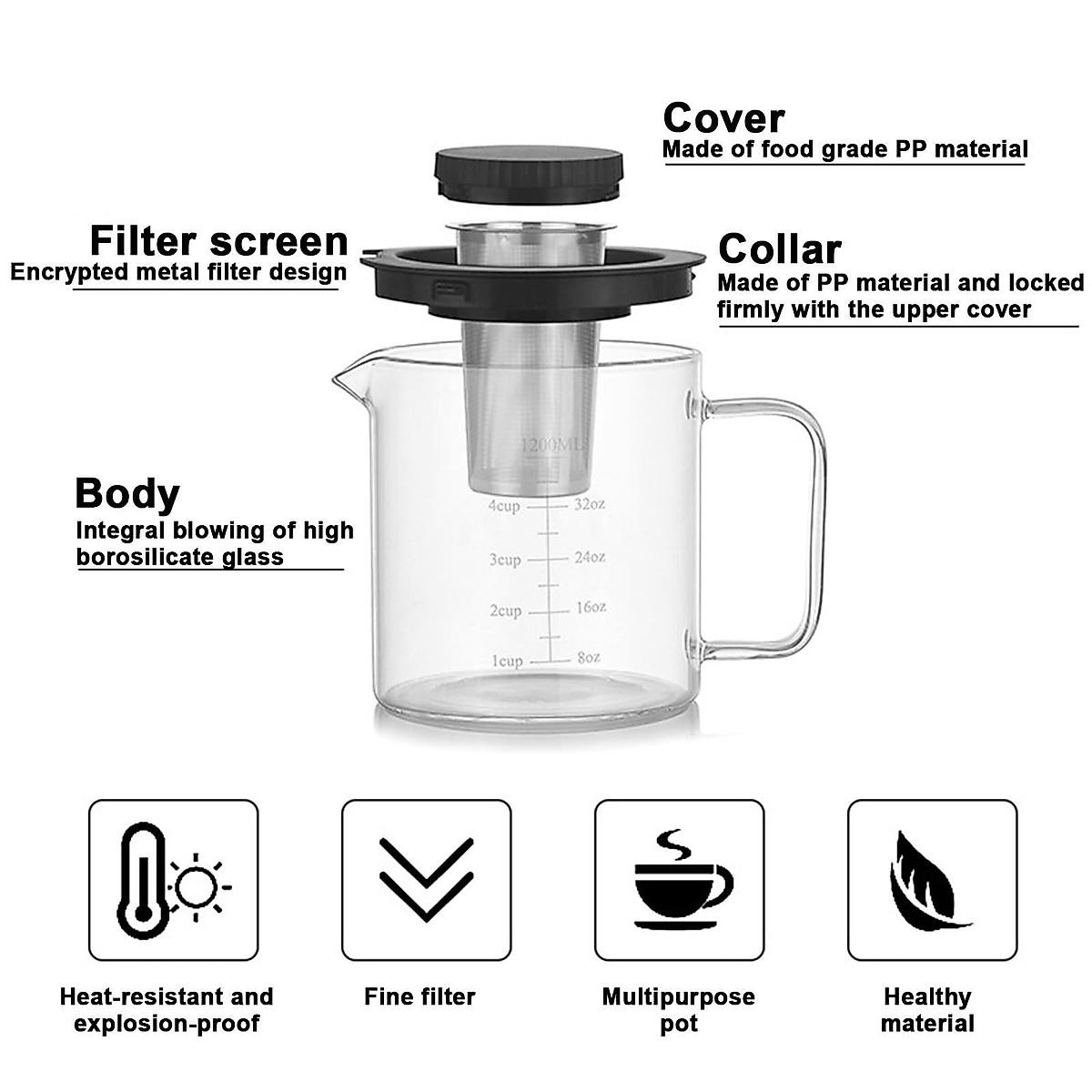 Iced Coffee Maker, 1200ml Iced Coffee Infuser, Large-Capacity Coffee And Tea Infuser, Long-Lasting Iced Coffee Brewer, Heat Tolerance Coffee And Tea Infusions Pitcher For Iced Tea And Cold Coffee