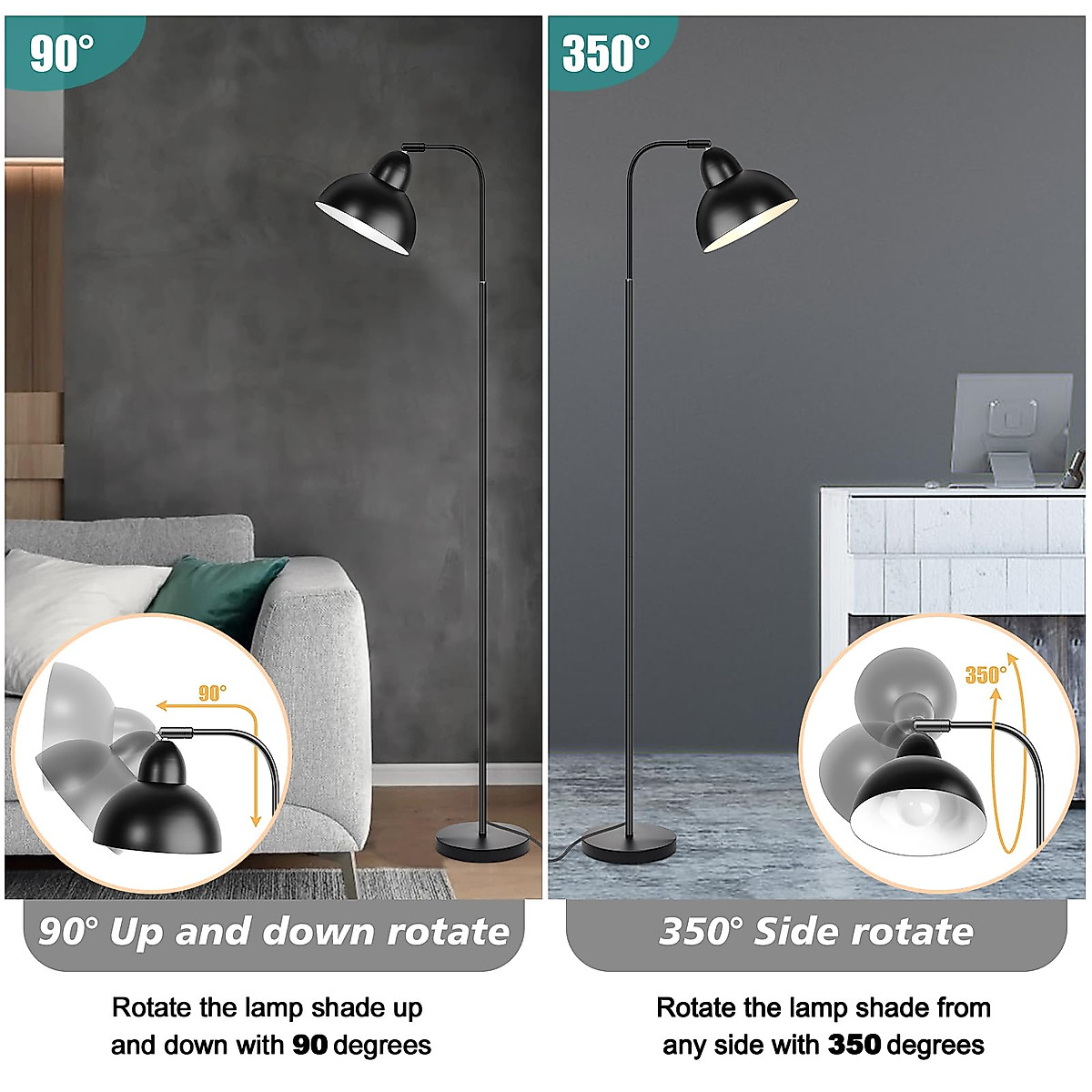 Feathmoo Industrial Floor Lamp with Black Metal Lampshade Floor Lamps for Reading, Minimalist Standing Lamps LED Light with 350° Adjustable Standard Tall Sofa Lamp for Living Room, Bedroom, Office