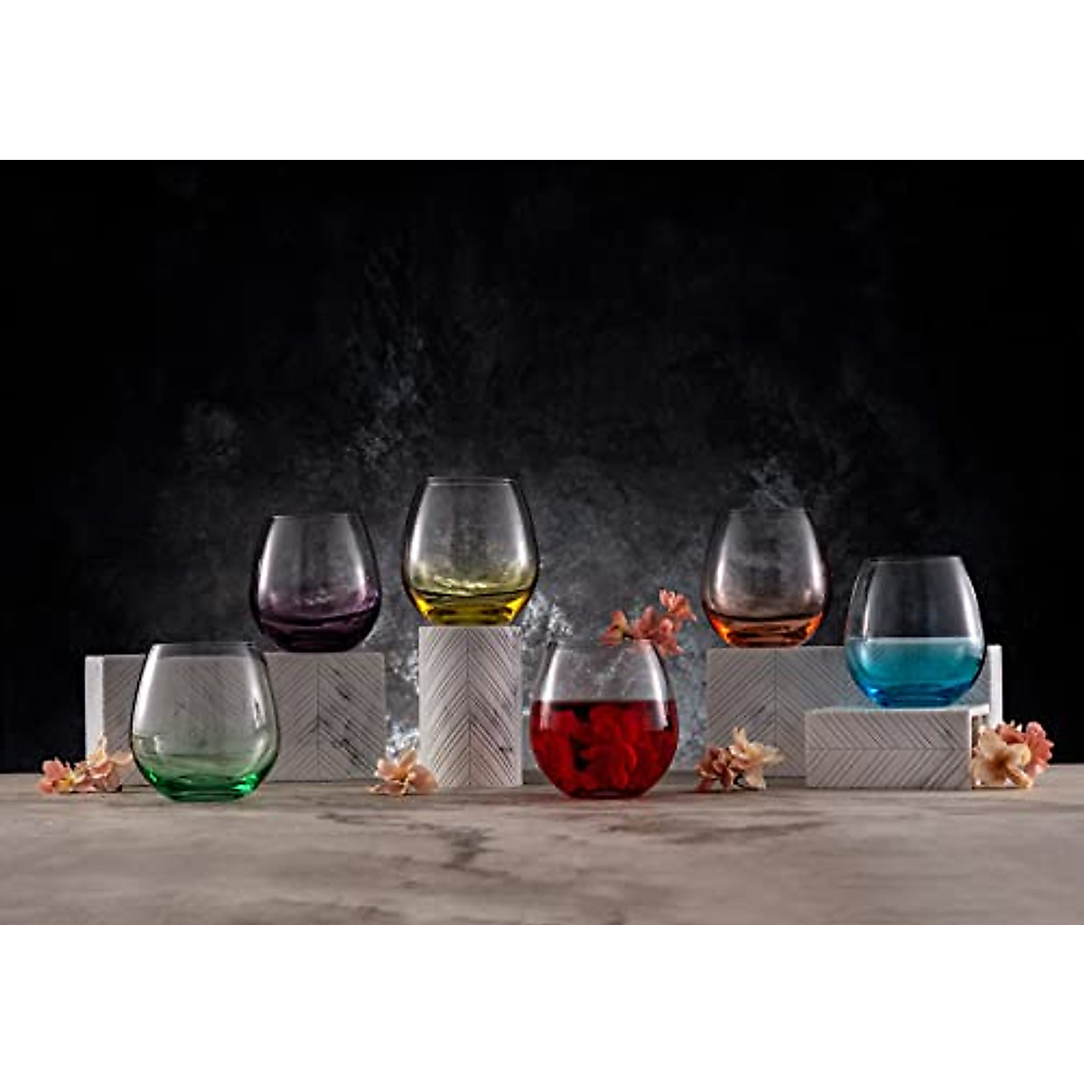 JoyJolt HUE Stemless Wine Glass Set. Large 15 oz Stemless Wine Glasses Set of 6. Short Wine Tumblers for White Wine Glasses, Red Wine Glasses, Water Glasses, No Stem Margarita Glasses, Colored Tumbler