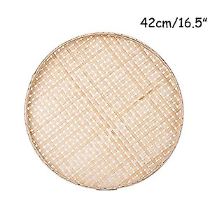 100% Handwoven Flat Wicker Round Fruit Basket Woven Food Storage Weaved Shallow Tray Organizer Holder Bowl Decorative Rack Display Kids DIY Drawing Board (Sqaure Hollow-Bamboo White, 42cm/16.5")