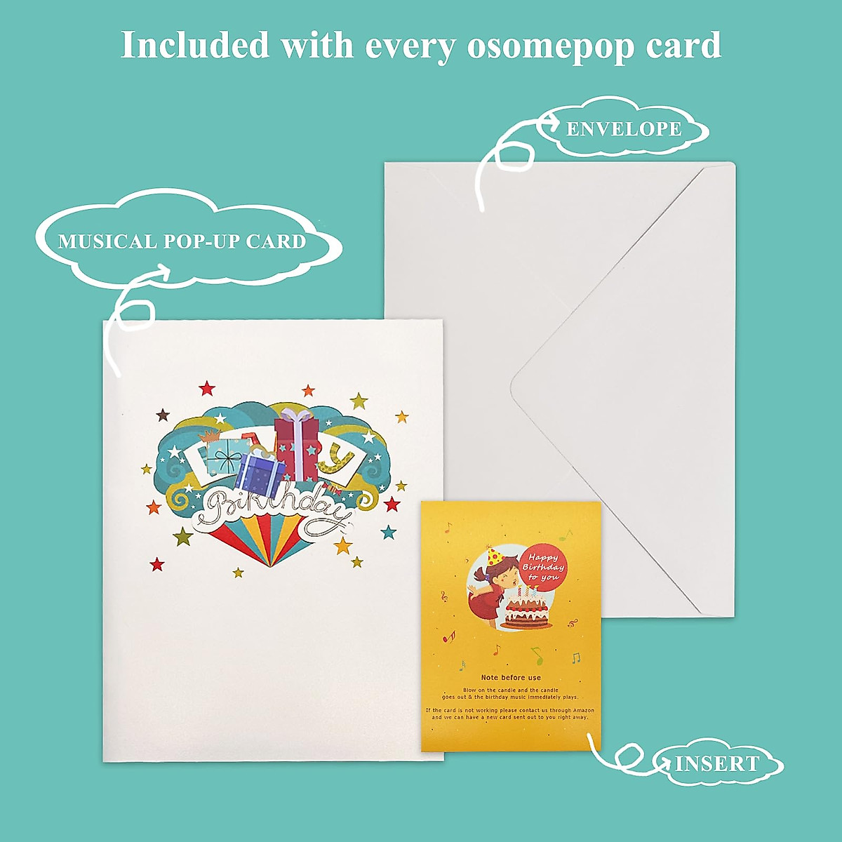 YIXIN - Personalized 3D Pop-Up Birthday Card with LED Lights and Music, Includes Envelope