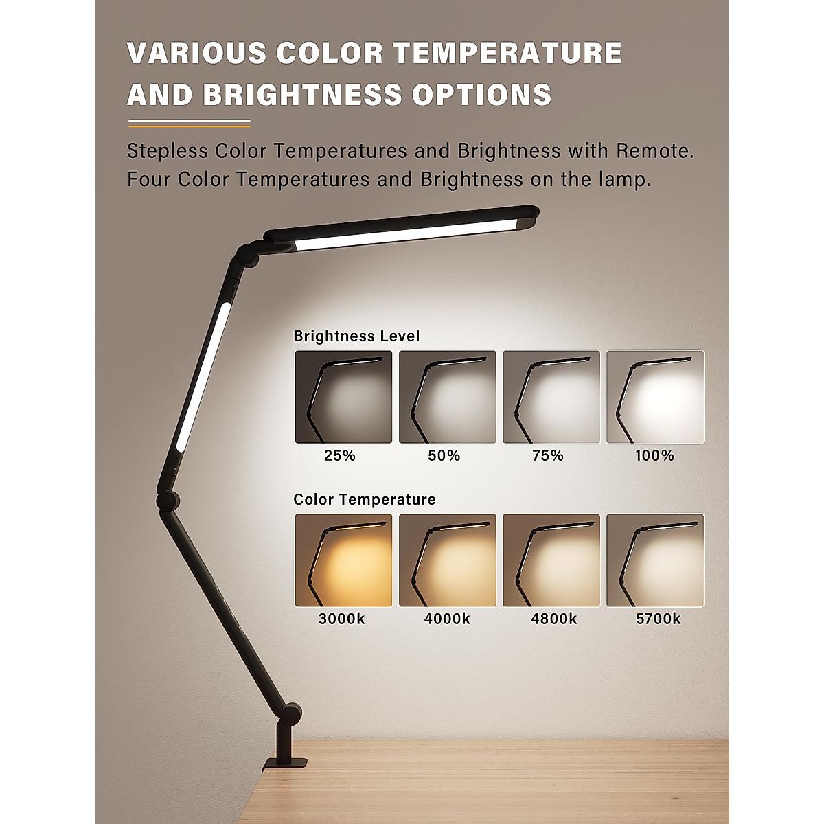 Homlife LED Desk Lamp, Dual Light Sources Desk Lamp for Home Office Dorm, Stepless CCT and Brightness Control with Remote, Adjustable Swing Arm