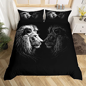 Castle Fairy Lion Bedding Set King, Wild Animal Print Duvet Cover for Bedroom Decorations, Lion Pattern Comforter Cover with 2 Pillow Shams, Soft Comfortable