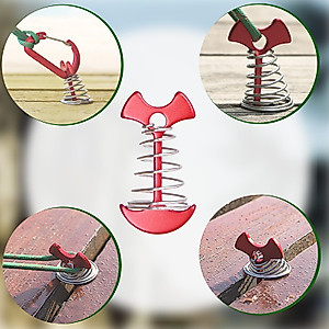 Azarxis Ultralight Tent Stakes Pegs with Carabiner Clips, Aluminum Fishbone Guyline Cord Adjuster Kit Tent Awning Anchor Nail for Gallery Road or Timber Deck (Red Spring Nails + Carabiners)