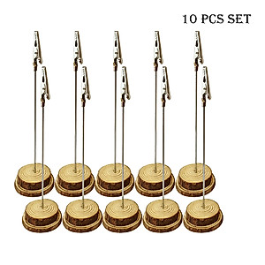 MINELEVEN 10 Pcs Creative Wood Place Card Holders with 10 pcs White Clipboard,Nature Wooden Bark Memo Note Photo Clip Holder Display Stands (Shape-2)