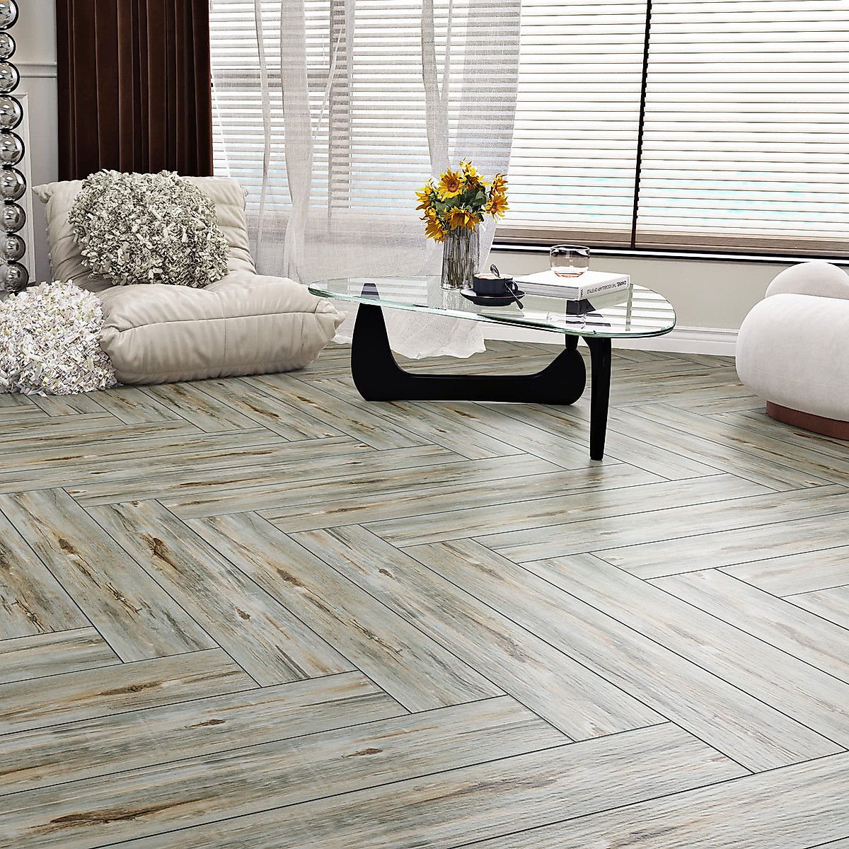 Wallercity 4-Tiles Waterproof Light Brown Vinyl Flooring Peel and Stick Flooring for Bathroom Kitchen Laminate Flooring Stick on Floor Tiles Removable Sticky Tiles Peel and Stick Floor Tile 36" x 6"