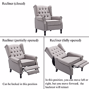 Artechworks Tufted Fabric Push Back Arm Chair Recliner Single Reclining Fabric for Adjustable Club Chair Home Theater Padded Seating Living Room Lounge Modern Sofa Grey