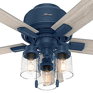 Hunter Hartland Low Profile Indoor Ceiling Fan with LED Lights and Pull Chain, 44", Indigo Blue