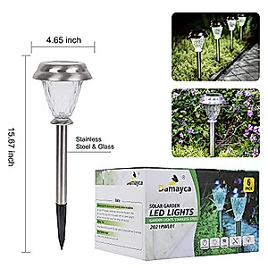 DAMAYCA 6 Pack Solar Lights Outdoor for Garden Pathway Walkway Driveway Sidewalk Yard Stainless Steel Glass Landscape Lights Solar Powered for Landscape Lighting. (Silver, Warm Light)