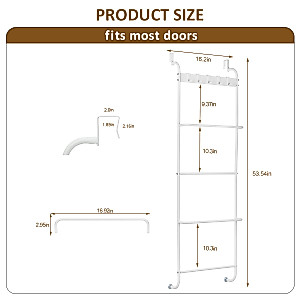 Over The Door Towel Rack, 5-Tier Towel Racks for Bathroom Door Hanging, Bathroom Back of Door Towel Bar, Door Blanket Holder for Clothes, Washcloths,Hand Towels, Loofahs and Sponges,white