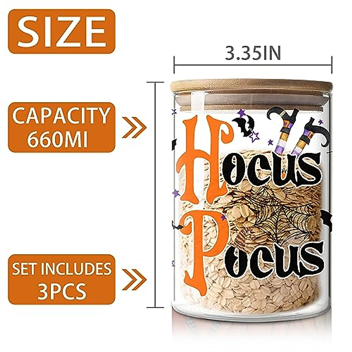 Halloween Decor 3 Pack Glass Storage Jars with Airtight Bamboo Lid - Hocus Pocus Canisters Sets for Kitchen Countertop - Clear Halloween Glass Storage Jars for Coffee Bean, Cookie, Candy, Tea, Flour