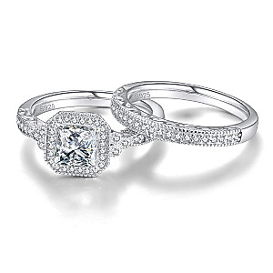 Yaresul 0.8ct Princess Cut Engagement Ring Sets 6X6mm White AAA Solitaire Cubic Zirconia Engagement Ring Set 925 Sterling Silver Wedding Ring Set for Women Size 9