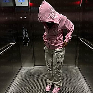 SOIIVRU Y2k Spider Web Print Full Zip Casual Fashion Sweater Hoodie Front and Back (Pink,M,Unisex Adult,Unisex,Adult,US,Alpha,Medium,Regular,Regular)