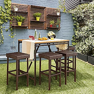 Tangkula Outdoor Bar Stool Set of 2, Patio Rattan Bar Chairs W/Galvanized Steel Frame, Anti-Slip Footpads & Cozy Footrests, Bar Height Chairs for Poolside, Outdoor Bar, Backyard (1, Mix Brown)