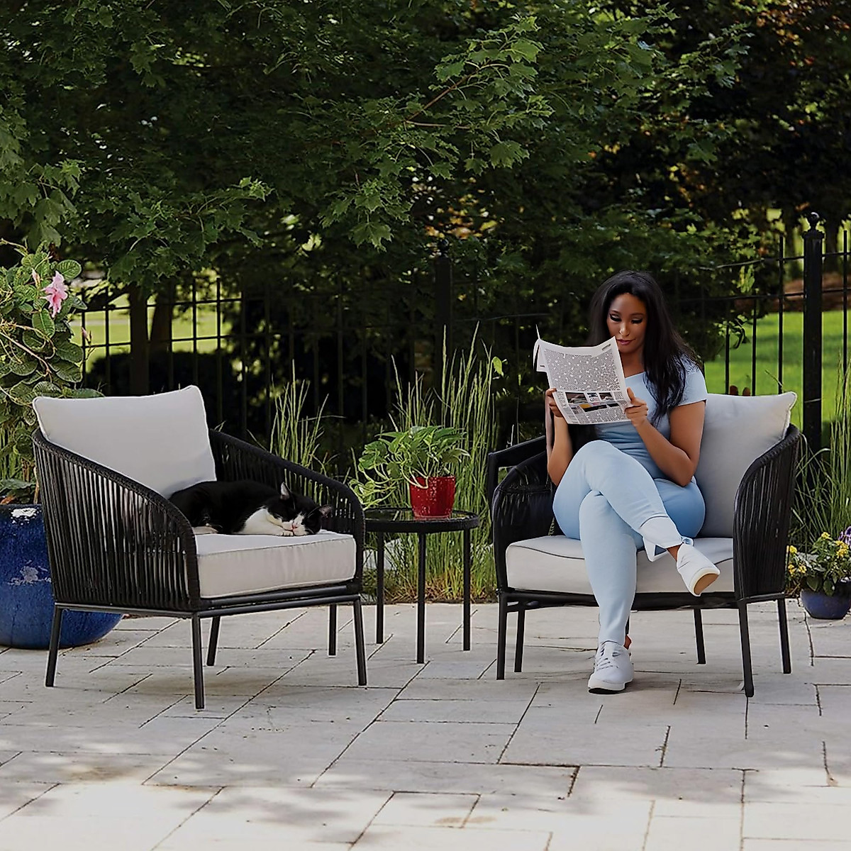 Four Seasons Courtyard Carrabelle 3 Piece Outdoor Patio Furniture Set with 2 Woven Rope Backrest Design Cushioned Chairs and Round Side Table, Black