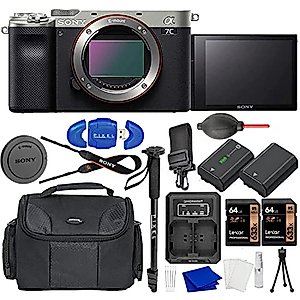 Sony Alpha a7C Compact Mirrorless Camera Bundle with Extra Battery, USB Dual Charger, 2X 64GB SDXC Memory Card, Water Resistant Gadget Bag, Monopod + More