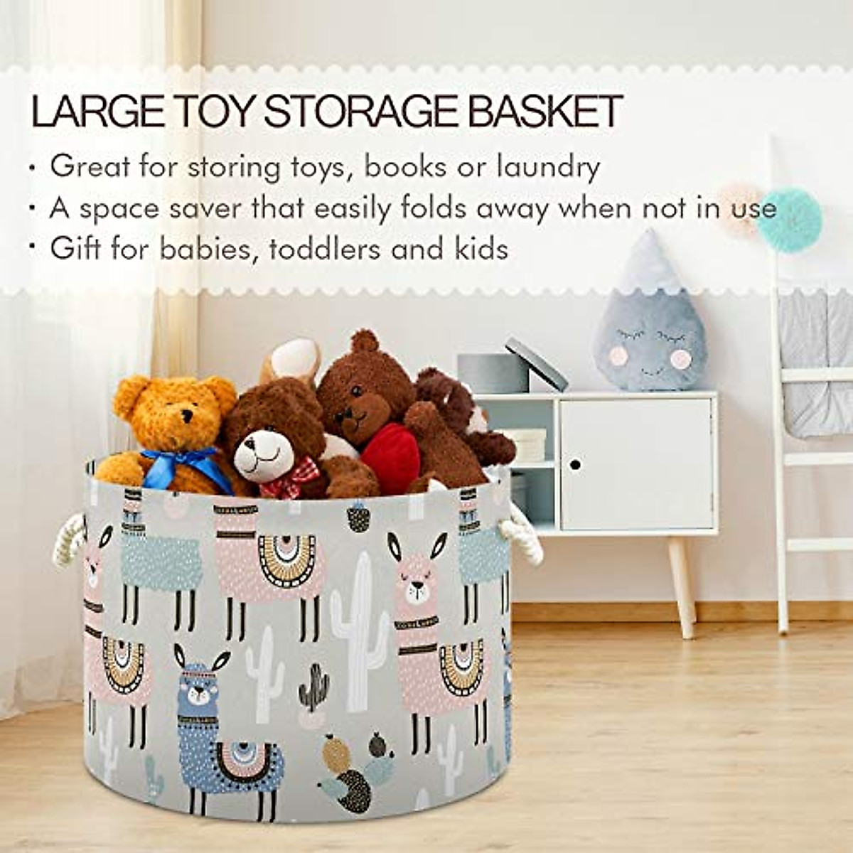 Large Round Storage Basket - Cactus Llama Canvas Home Organizational Solution Toy Storage Bin for Laundry Hamper,Toy Bins,Gift Baskets, Bedroom, Clothes,Baby Nursery