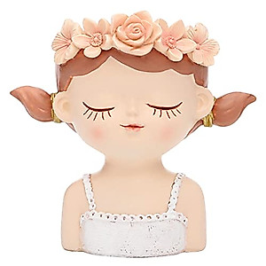 4.35" Cute Head Planter Pot Resin Succulent Planter Little Girl Flower Pot, Human Face Cactus Plants Container Bonsai Holder Thumb Pot Fairy Figurine Statue Planters with Drainage Decor Gift