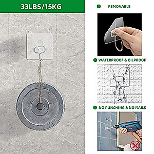 SUNDOKI Large Adhesive Wall Hooks 33LB(Max), Self Adhesive Hooks Removable Nail-Free Transparent Waterproof Hooks for Hanging Bathroom Kitchen & Home Utilities(10 Pack)
