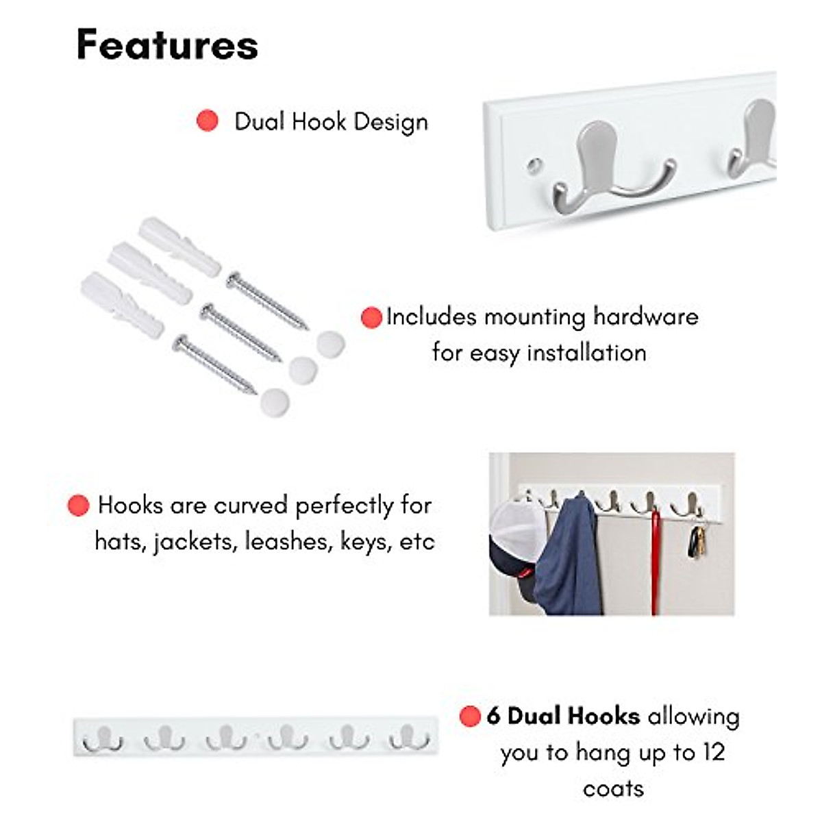 BIRDROCK HOME Dual Hook Coat and Hat Rack - 6 Dual Hooks - 27 Inches - Wall Mount - Decorative Home Storage - Entryway Foyer Hallway Bathroom Bedroom Rail - White Pine Finish - Satin Nickel Hooks