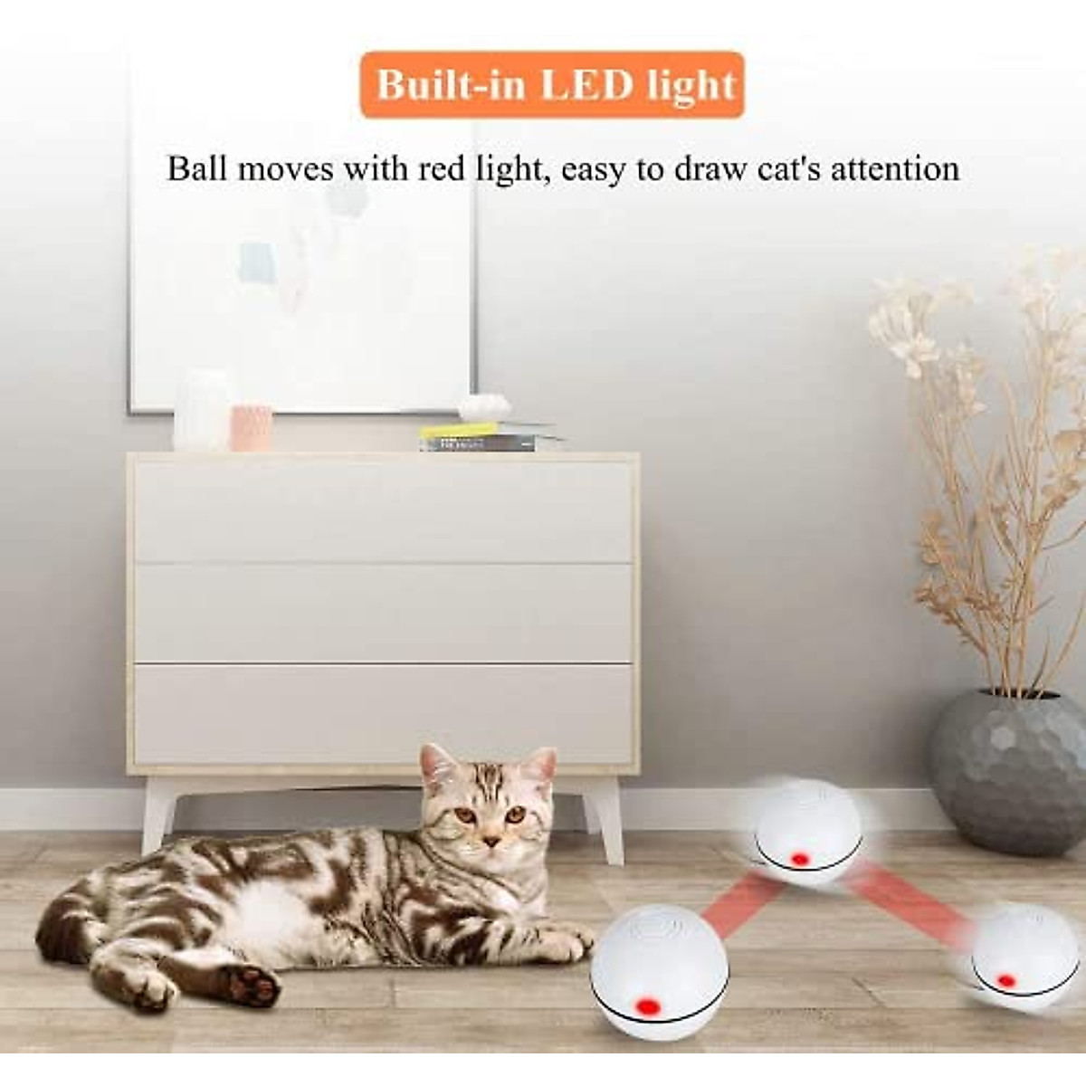 Pakoo Interactive Cat Toys Ball Smart Automatic Rolling Kitten Toys USB Rechargeable Motion Ball + Spinning Led Light with Timer Function The Best Entertainment Exercise Gift for Your Kitty