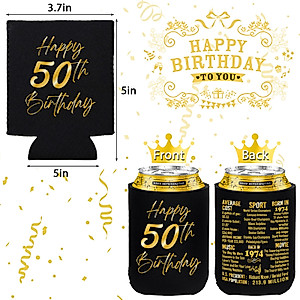 BackURyear 50th Birthday Decorations for Women men, 50 Years Old Birthday Decor, Fifty Birthday Party Supplies, 50th Birthday Party Beverage Can Cooler Sleeves, Black & Gold (12 Pcs)
