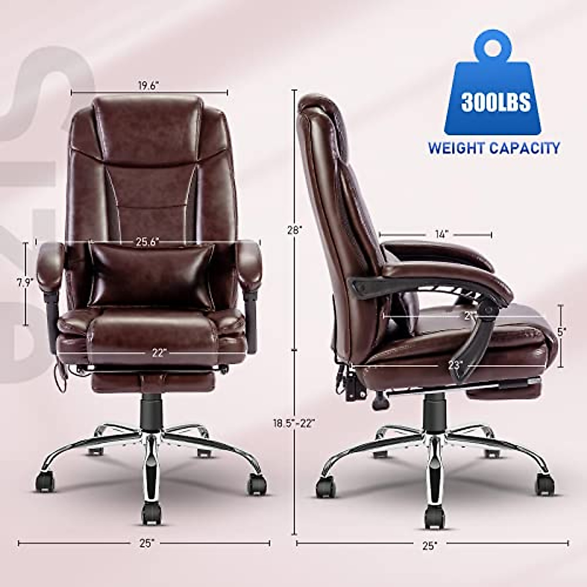 NOBLEMOOD High Back Office Chair Heated Executive Chair with 4 Points Massage, Swivel Ergonomic Desk Chair Breathable Big and Tall Reclining Chair with Lumbar Support Pillow & Footrest(Brown)