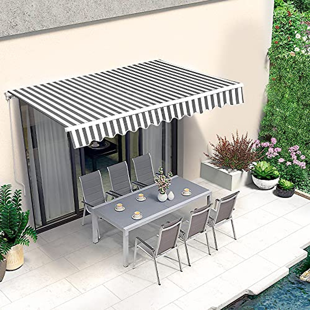 MCombo 13x8 Feet Manual Retractable Patio Door Window Awning Sunshade Shelter Outdoor Canopy (Grey with White Stripes)