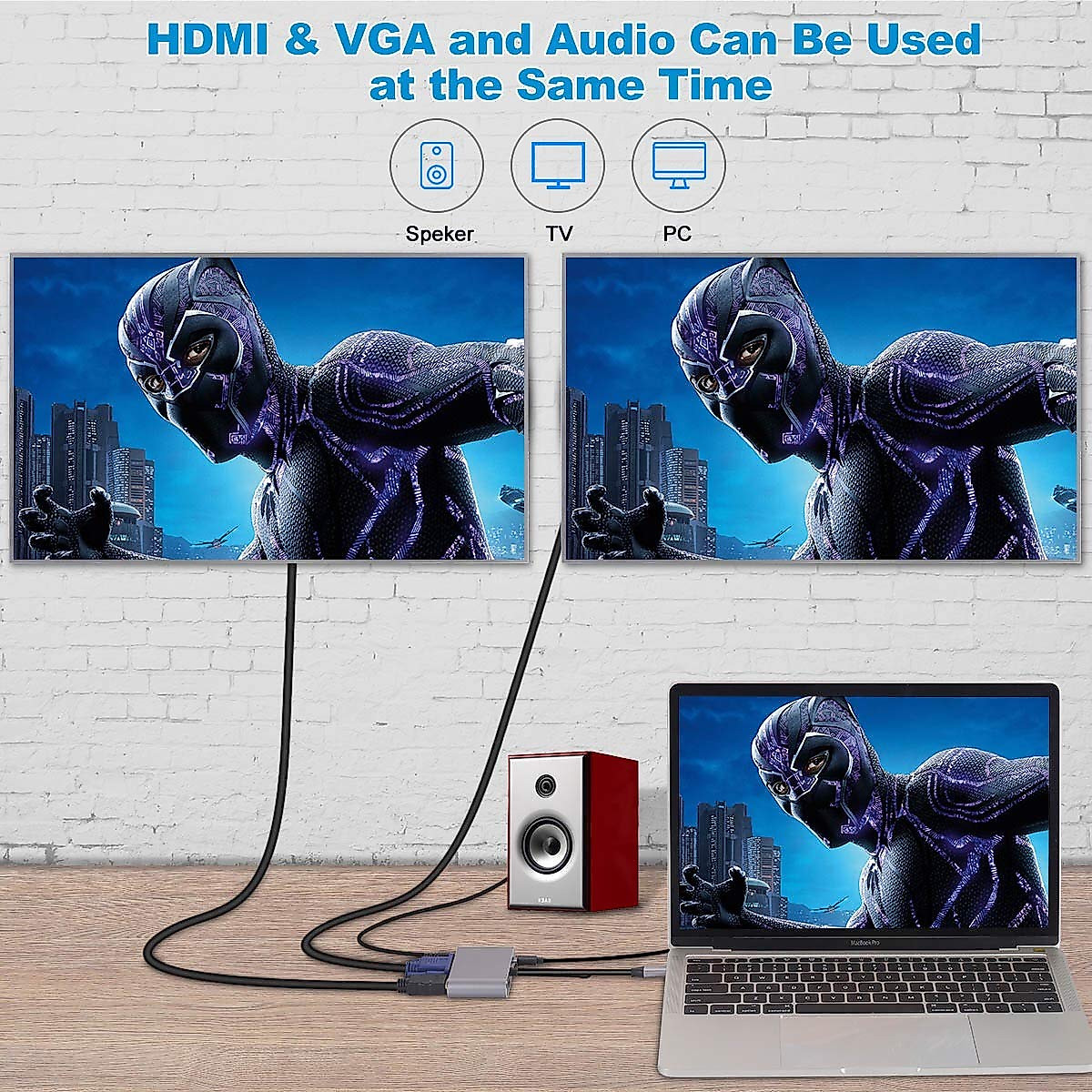 USB C Hub Type C 5 in 1 Hub to 4K HDMI, VGA, 1USB3.0Ports, with PD Charge
