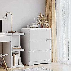 HOSTACK Modern 3 Drawer Dresser, Wood Chest of Drawers with Storage, Tall Nightstand with Cut-Out Handles, Side End Table, Accent Storage Cabinet for Living Room, Bedroom, White