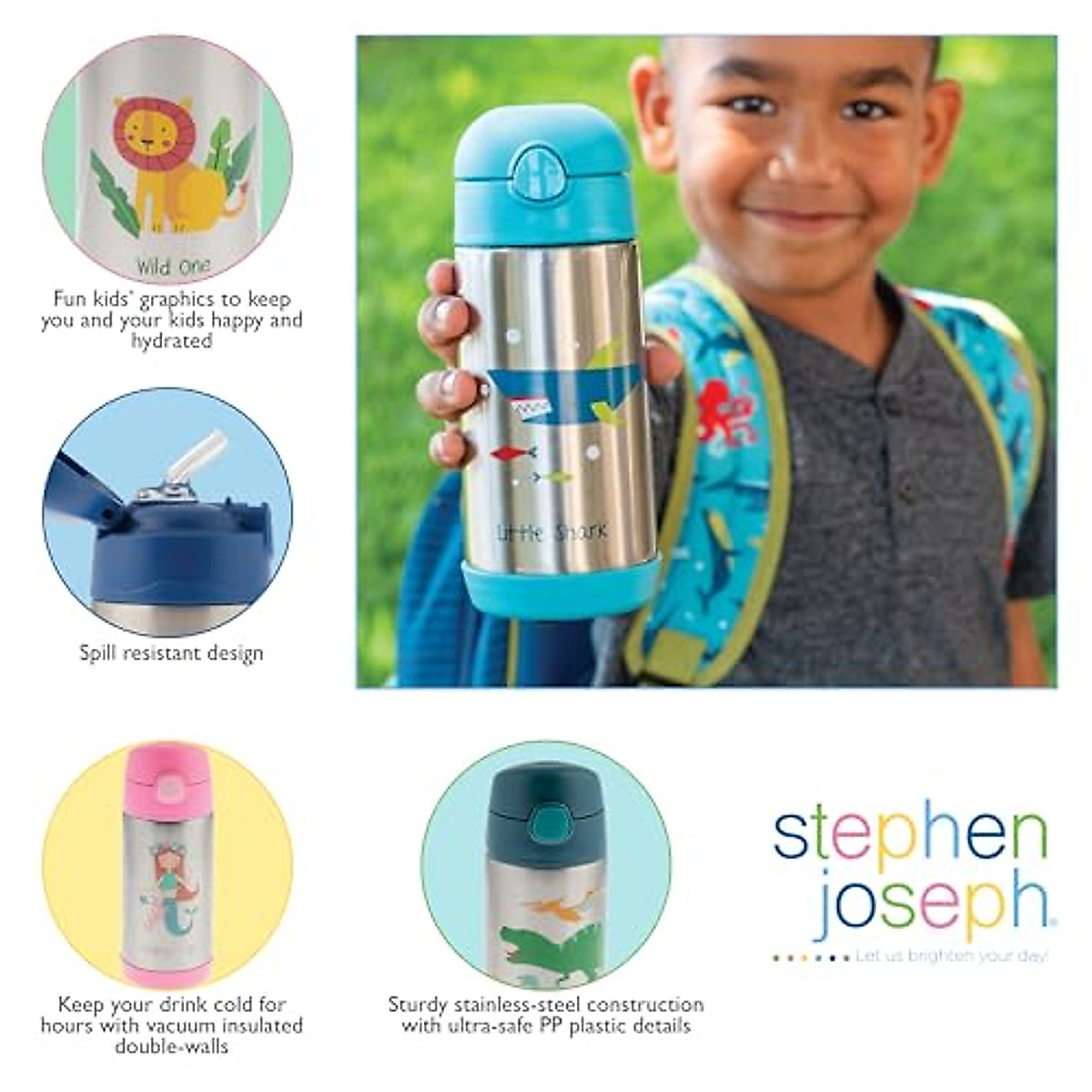 Stephen Joseph Double Wall Stainless Steel Bottles, Insulated Water Bottle for Kids Toddlers, Vacuum Insulated Bottle with Straw, BPA-Free Water Bottle – 11.8 Ounces, ROCKET (SJ1212)
