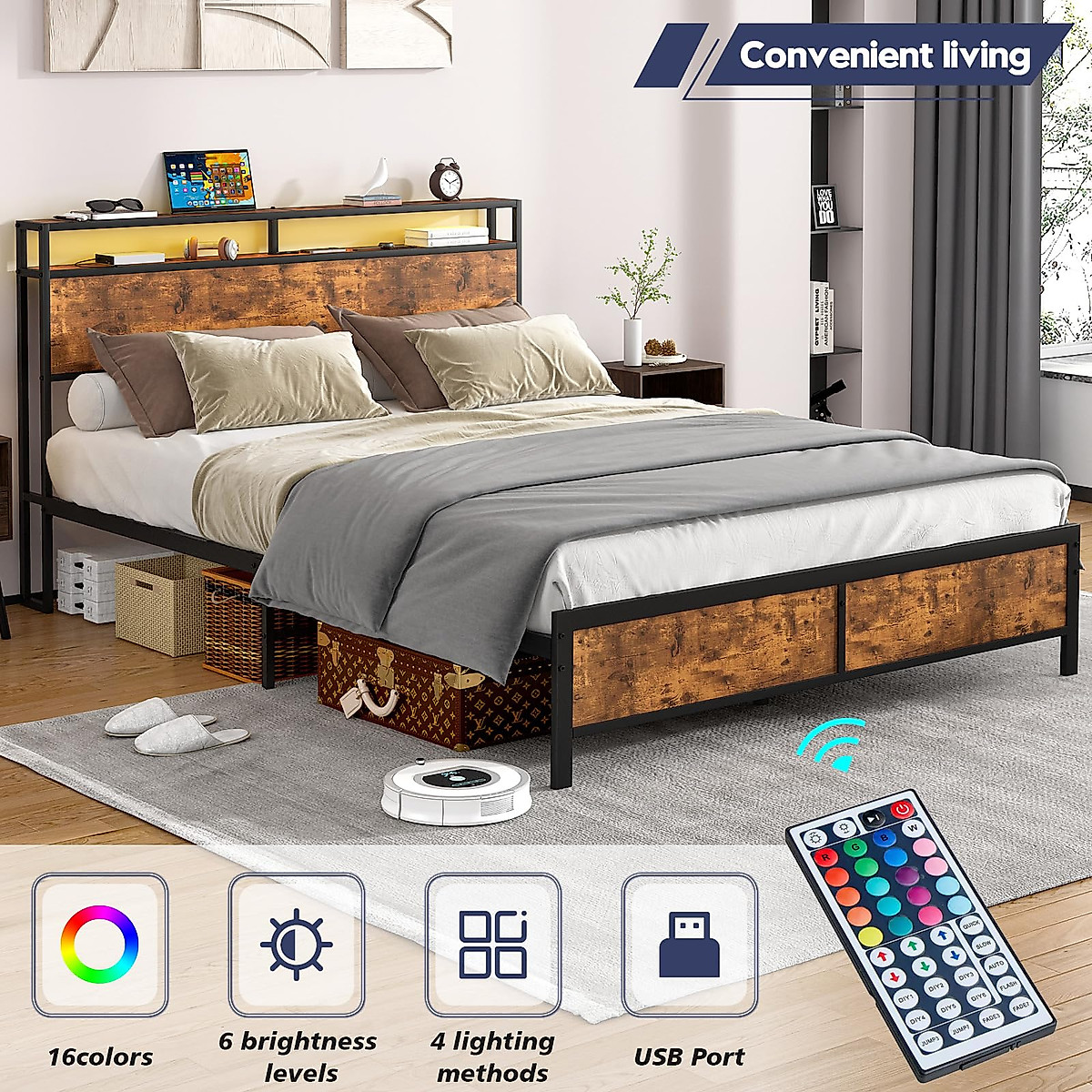 Modern Industrial Bed Frame with LED Lights,2-Tier Storage Headboard with Charging Station,Industrial Metal Platform LED Bed Frame with Outlets and USB Ports,Noise Free,No Box Spring Needed