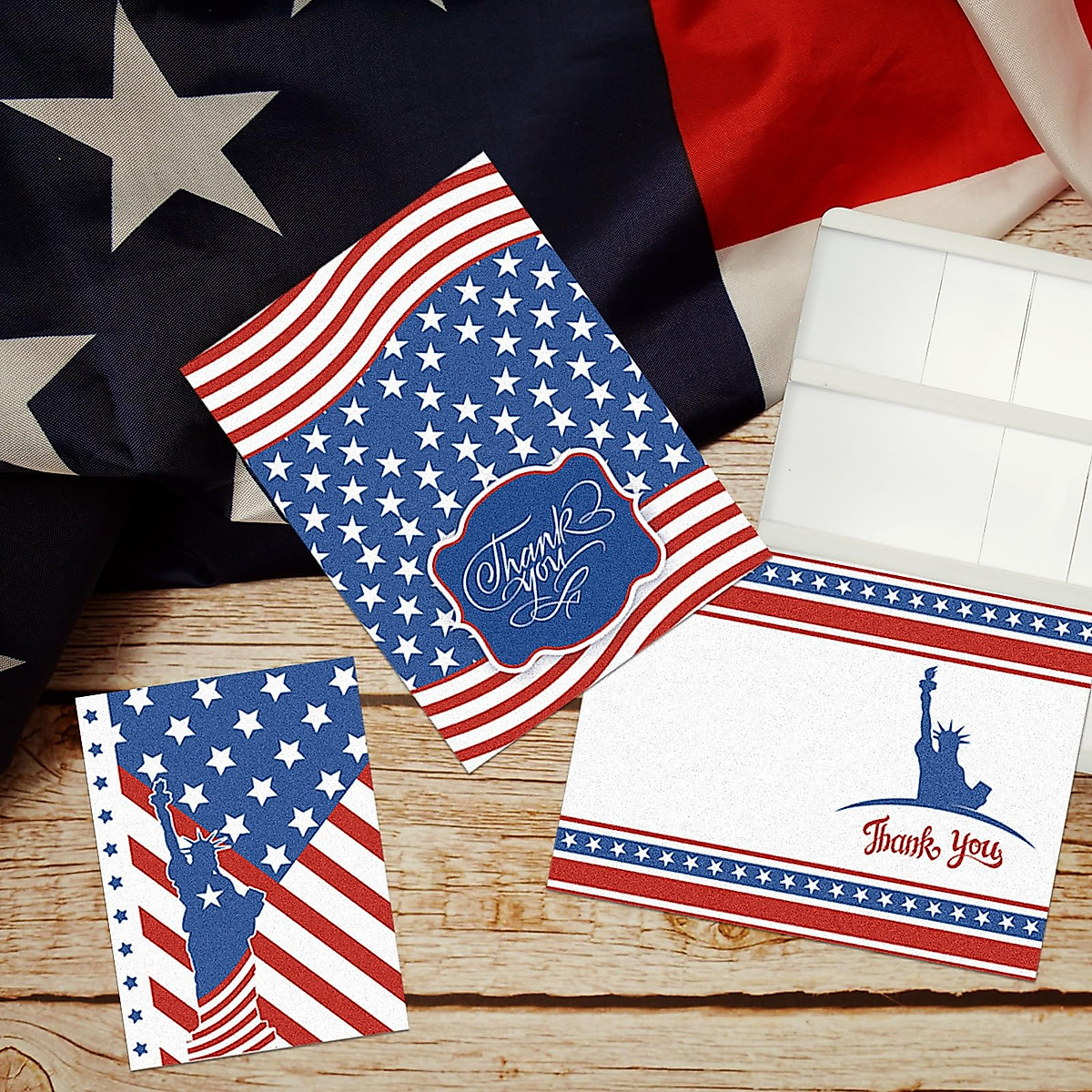 Ctosree 160 Sets Patriotic Thank You Cards with Envelopes Include 160 Pcs Bulk American Flag Notecards with 160 Pcs White Envelopes American Flag Greeting Cards for Veterans Memorial Independence Day
