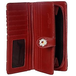 Shag Wear Women's Premium Vegan Clutch Cardholder Zipper Wallet Purse with Pretty Daisies and Ladybugs, Red