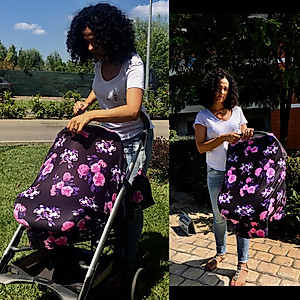 4 in 1 Car Seat Covers for Babies Girl, Nursing Cover Carseat Canopy, Soft and Stretchy Breastfeeding Scarf, Best Gift Set for Infant, Newborn - Floral Black Pink and Purple