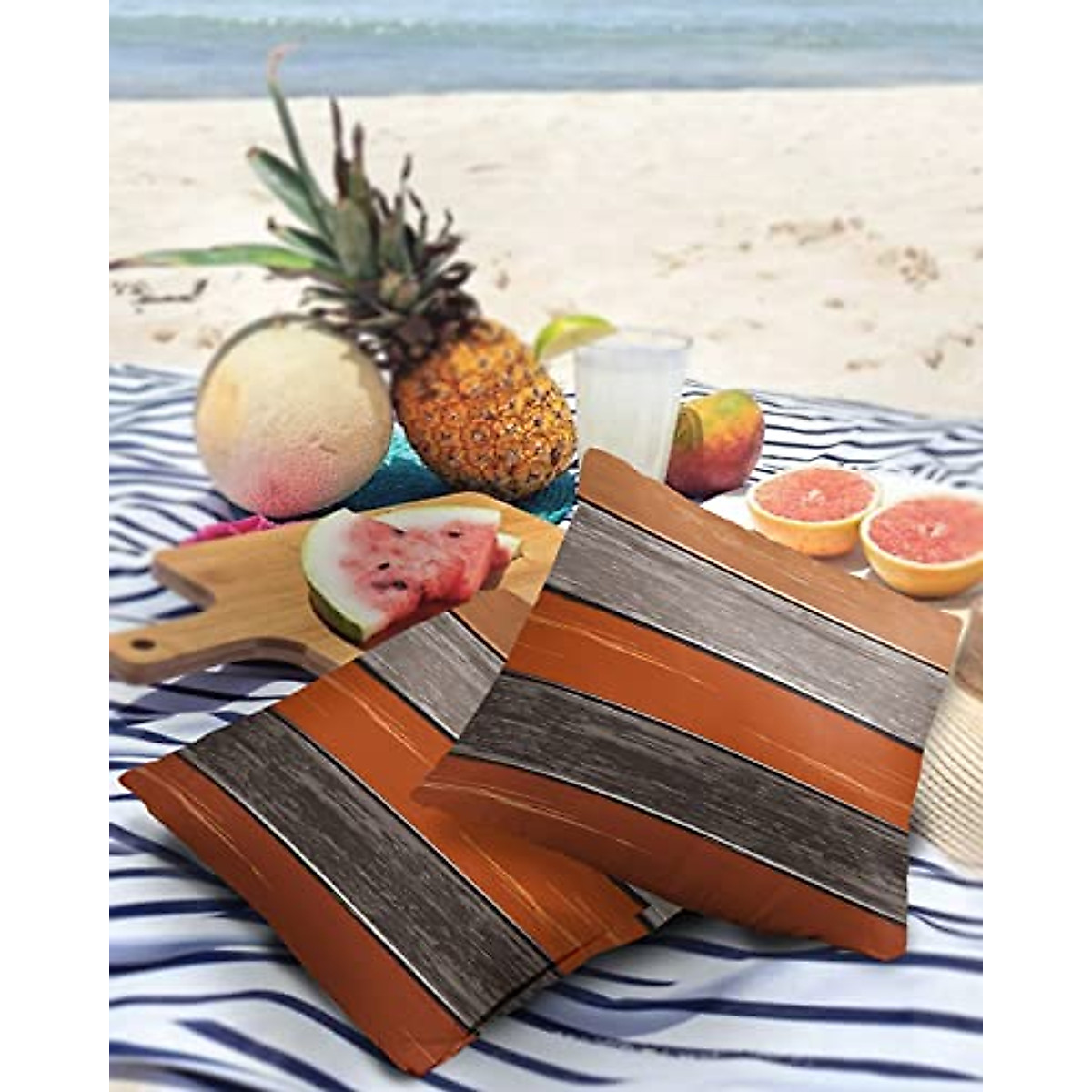 Outdoor Waterproof Pillow Covers for Patio Furniture Wooden Board Decorative Throw Pillow Cover Autumn Orange Ombre Wood Grain Pillowcases Set of 2 Cushion Case for Sofa Couch Chair 16 x 16 in