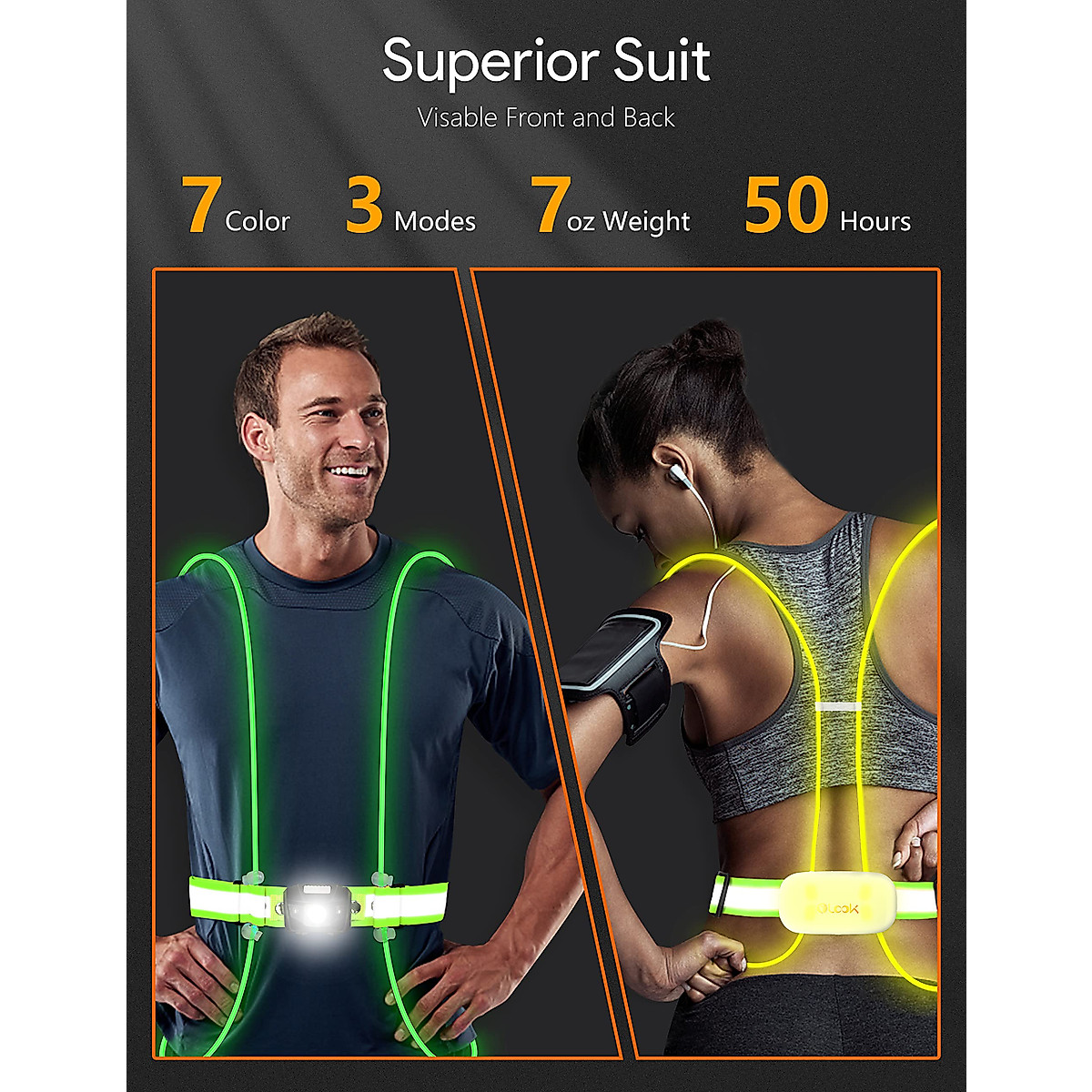 Olook High Visibility LED Light Up Vest with Running Light, 360° Reflective Safety Gear for Night Running, Cycling, Joggers, Rechargeable and Waterproof, L-Green(Patent Pending)