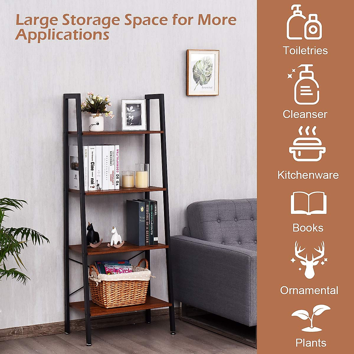 Giantex Ladder Shelf 4-Tier Industrial Bookshelf Storage Rack Shelves for Home and Office Use, Wood Display Rack with Metal Frame (Rustic Brown)