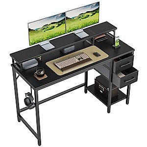 CubiCubi Computer Desk with Drawers, 47 Inch Reversible Office Desk with Monitor Stand and Storage Shelves, Work Writing Study Desk Table for Home, Black