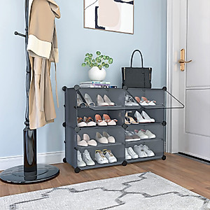 Shoe Rack Organizer, 4 Cube 8 Tier Covered Shoe Rack Cabinet 16 Pair Freestanding DIY Storage Shelves Plastic Shoe Rack for Closet Entryway Hallway Bedroom or Garage, Dark Grey