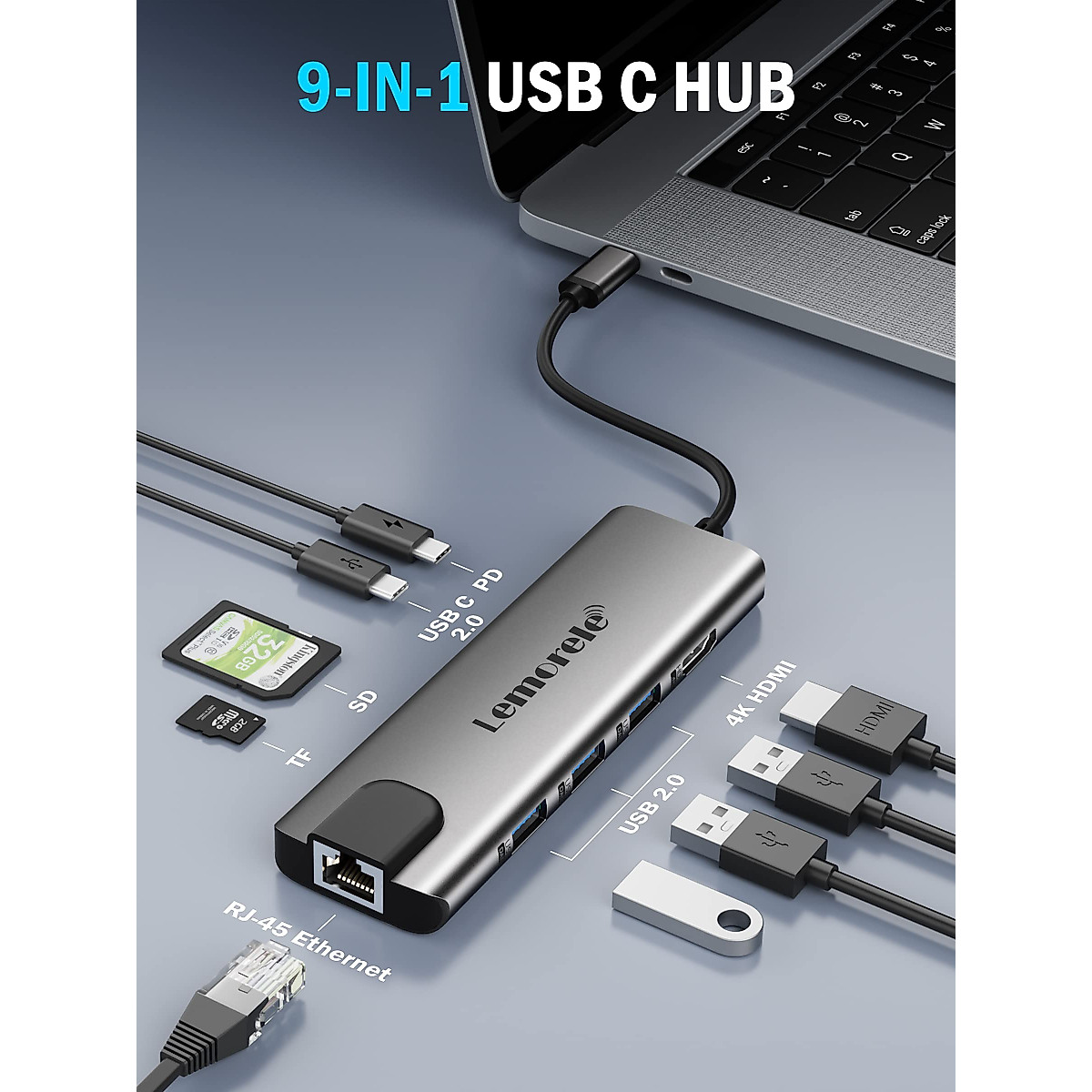 Lemorele USB C Hub Multiport Adapter 9 in 1 w/Gigabit Ethernet, 100W PD, HDMI 4K, 3 USB 2.0, 5Gbps USB C Data Port, SD/TF Card Reader, Dongle Docking Station for MacBook Lenovo HP Dell Laptops
