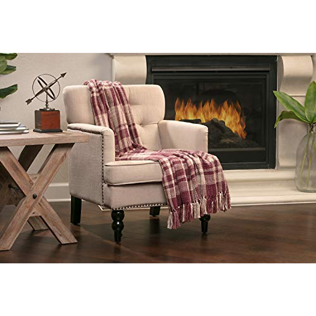 Chanasya Farmhouse Pattern Plaid Throw Blanket Lightweight Knit Textured Woven Decorative Blanket for Couch Bed Living Room Blanket with Tassels Fringed Throw Blanket (50x65 Inches) Maroon Purple