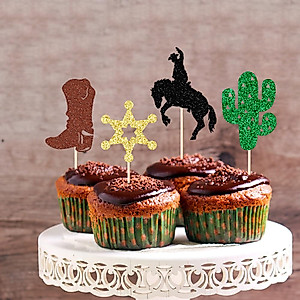 AROKIPPRY 24 PCS Cowboy Cupcake Toppers Glitter HorseShoe Cowboy Hats Boots Cupcake Picks Western Theme Baby Shower Birthday Party Cake Decorations Supplies (24 PCS)