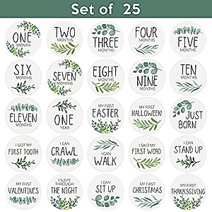 Baby Monthly Stickers | Greenery Botanical Baby Milestone Stickers | Boho Newborn Boy or Girl Stickers | Eucalyptus Month Stickers for Baby Boy | Gender Neutral | Unisex Sage Green Newborn Monthly Milestones (Set of 25)