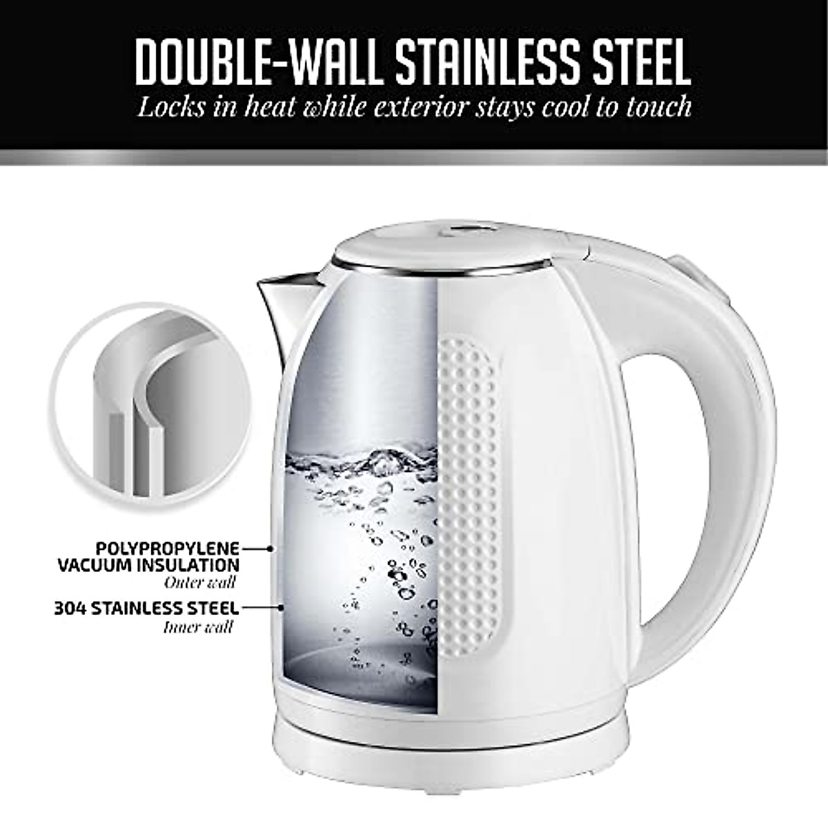 OVENTE Portable Electric Kettle Stainless Steel Instant Hot Water Boiler Heater 1.7 Liter 1100W Double Wall Insulated Fast Boiling with Automatic Shut Off for Coffee Tea & Cold Drinks, White KD64W