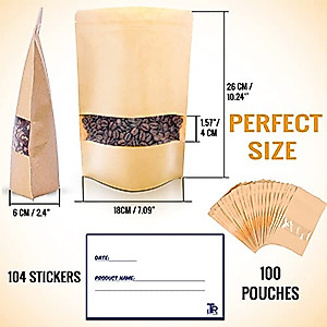 TCHEPIRO Kraft Stand up Pouch with Clear Window – 95% Biodegradable & Recyclable Bags - Reusable & Resealable Food Storage – Zip Lock & Tear Notch - Pack of 100 (7.09” x 10.24”)