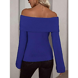 Labolliy Women Off Shoulder Fold Over Long Sleeve Sweaters Casual Solid Ribbed Knit 2023 Fall Pullover Jumper Tops Royal Blue