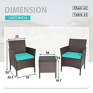 3-Piece Patio Bistro Set Wicker Conversation Set Outdoor Furniture Sets with 2 PE Rattan Wicker Chairs, 2 Cushions,1 Coffee Table for Yard Garden