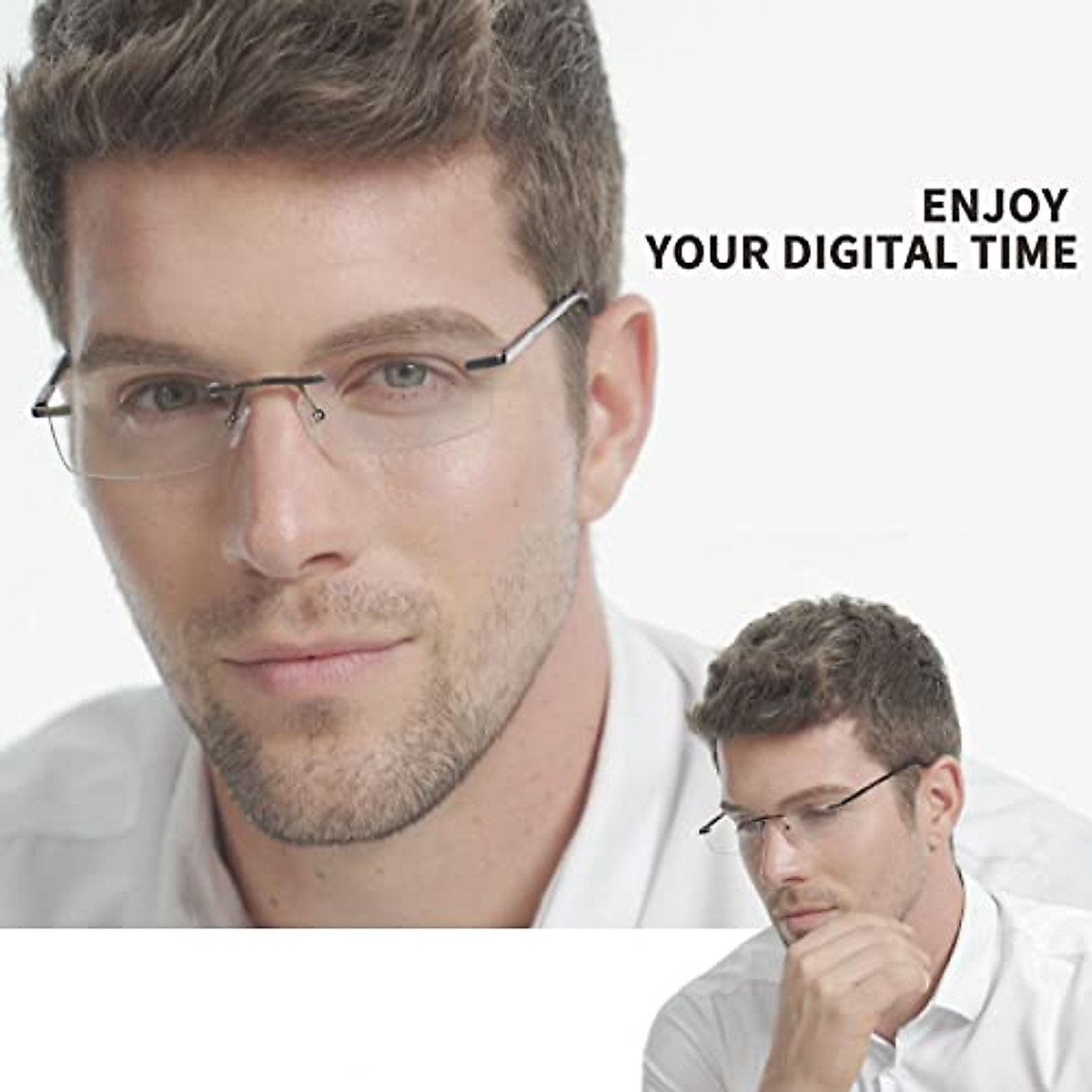 JJWELL 3 Pack Reading Glasses for Men Blue Light Blocking, Lightweight Rimless Metal Mens Eyeglasses Readers, Anti Eyestrain/Dryness/Computer Glare/UV 400, Spring Hinge Eyeglasses(200 Strength)