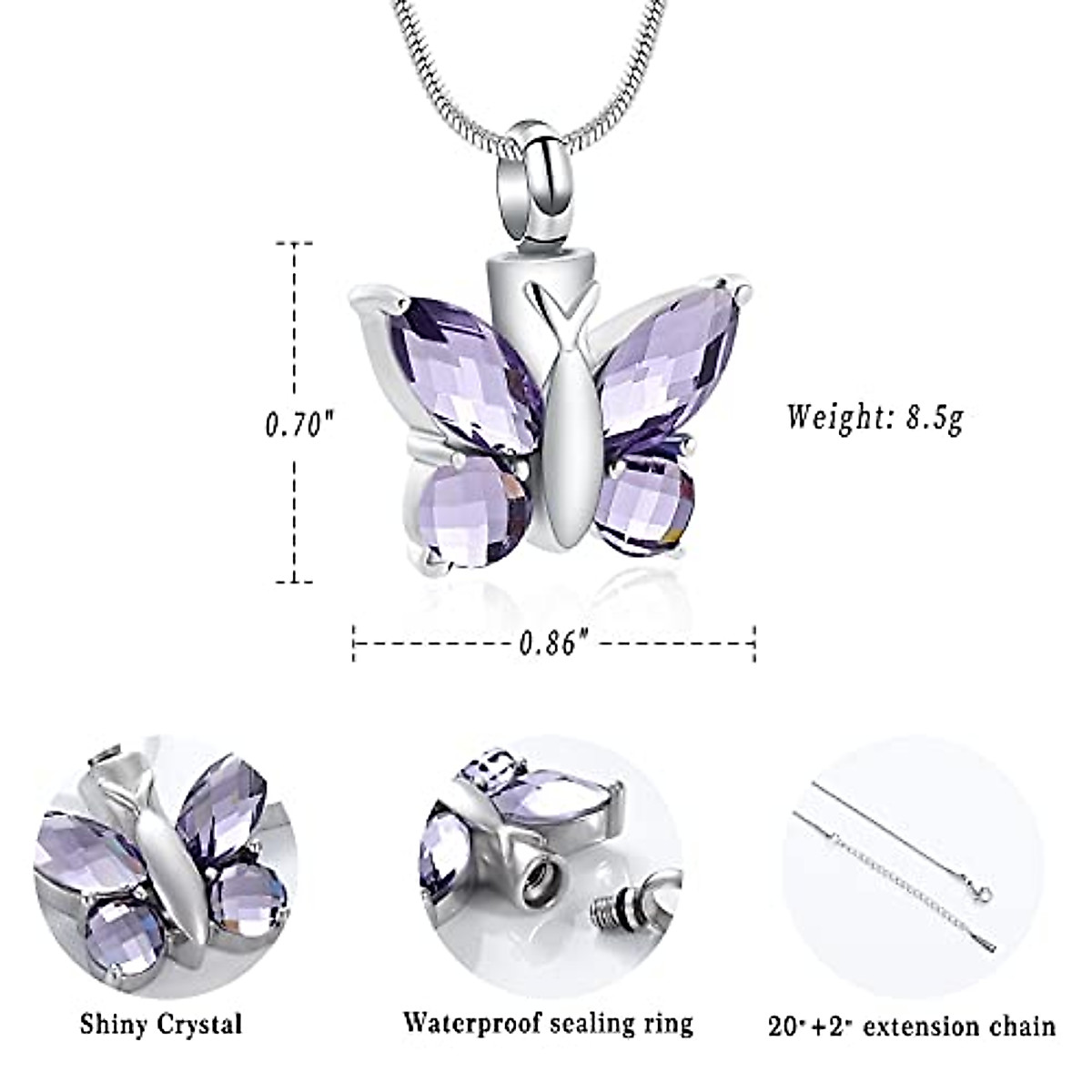 Butterfly Cremation Necklace for Ashes Memorial Keepsake for Beloved's Ashes Cremation Jewelry for Ashes Urn Pendants for Human Ashes Adult (Purple)